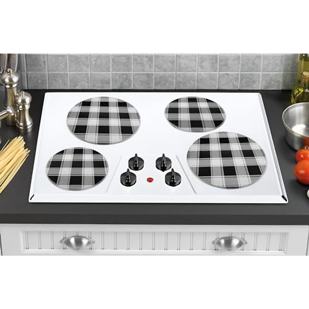 Reston Lloyd Buffalo Check Electric Stove Burner Covers, Set of 4, (2) 10" & (2) 8", Black/White