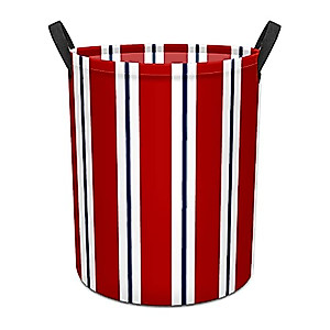 Waterproof Foldable Laundry Hamper with Handles Nautical Blue Red White Striped Round Dirty Clothes Laundry Basket Storage Bin Organizer for Toy Collection