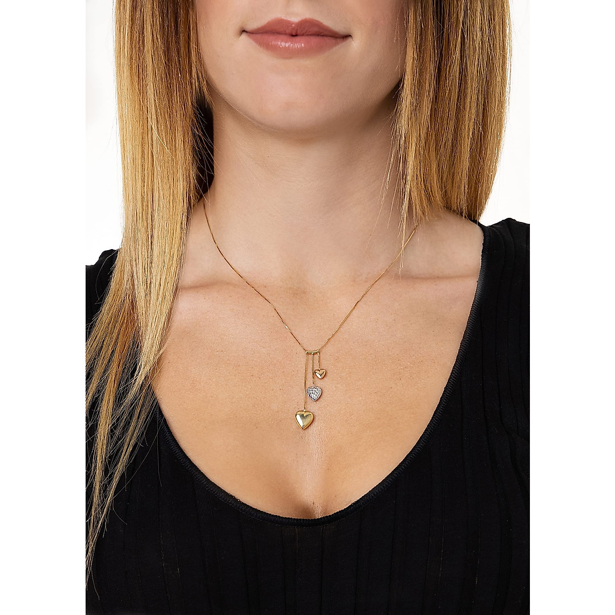 Lucchetta - Tri-Gold 3 Puffed Family Hearts Necklace, White Rose Yellow Gold Heart, Tiny Gold Chain 16+2 Inch - Gift Ready Box