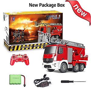 Benz Licensed Remote Control Fire Truck, RC Fire Truck Toy, Rechargeable Construction Truck Toys with Alarm Lights, Hose, Working Water Pump and Rotating Rescue Ladder Fire Truck Toys Gift for Kids