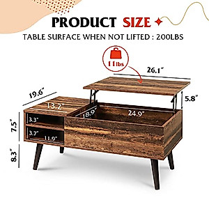 WLIVE Wood Lift Top Coffee Table with Hidden Compartment and Adjustable Storage Shelf, Lift Tabletop Dining Table for Home Living Room, Office, Rustic Oak
