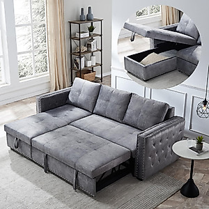 Morden Fort Sectional Sleeper Sofa with Pull Out Bed Storage, Queen Size 91 inches Sofa Bed, L-Shape Sectional Couch with Comfy Chaise Seat Sectional Sleeper Couch for Living Room, Velvet Grey