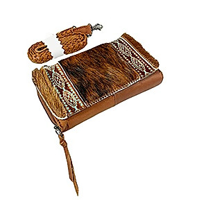 Urbalabs Cowhair Urbalabs Cowhair Genuine Leather Western Wallets Tri Fold Pouch Clutch Bag Purse Cell Phone Holder Wallet Hand Stitched (Light Brown)