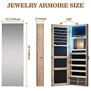 Vlsrka Mirror Jewelry Cabinet, Upgraded 3 LED Lights Wall/Door Mounted Jewelry Armoire Organizer, 47.2" Full Length Mirror with Storage, Built-in Lighted Mirror, 4 Drawers, 5 Shelves, Lockable, Wood