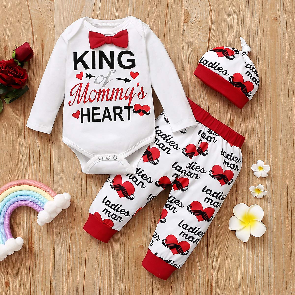 Minseng Direct Baby Boy Valentine's Day Outfit Newborn King Of Mommy Heart Bodysuit (Red,0-3 Months)