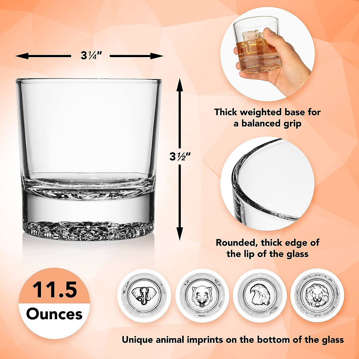 Wild Life Whiskey Glasses - Eagle, Lion, Elephant, Wolf Imprinted Low Ball Drinking Glass Set of 4 11.5 Ounces Bar Glasses | Old Fashioned Tumblers | Lowball Glasses | Rocks Glasses