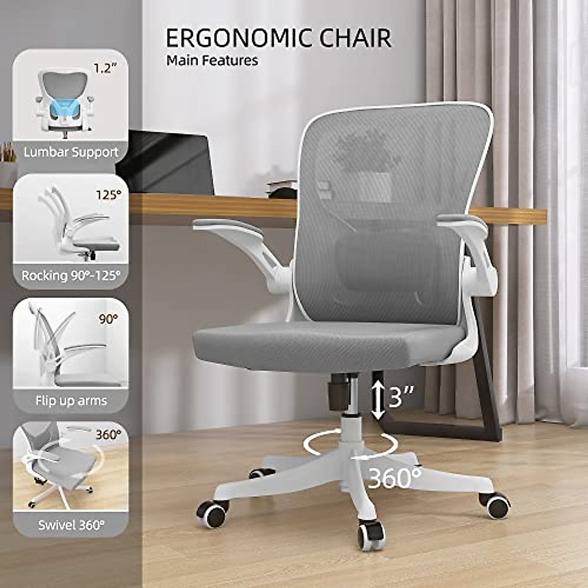 Monhey Office Chair - Ergonomic Office Chair with Lumbar Support & Flip Up Arms Home Office Desk Chairs Rockable Swivel High Back Computer Chair White Frame Grey Mesh Study Chair