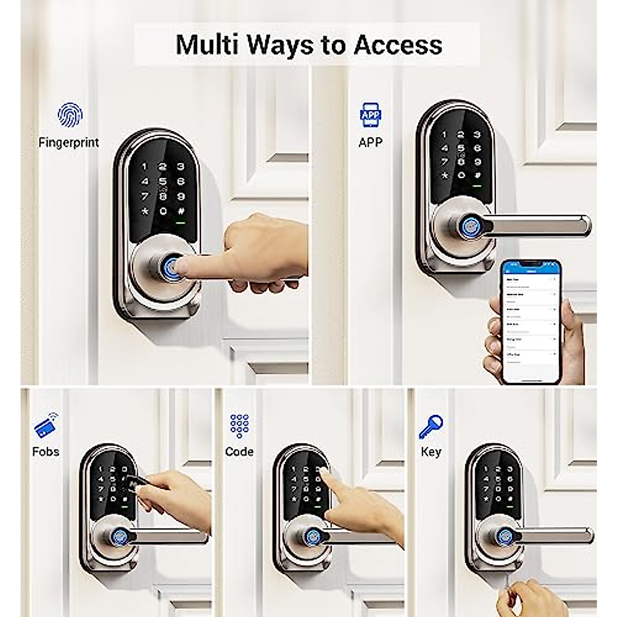 Veise Smart Lock, Keyless Entry Door Lock with Handle, Fingerprint Door Lock, 7-in-1 Smart Locks for Front Door, Electronic Digital Lock with Keypad, APP Control, Front Door Lock Set, Satin Nickel