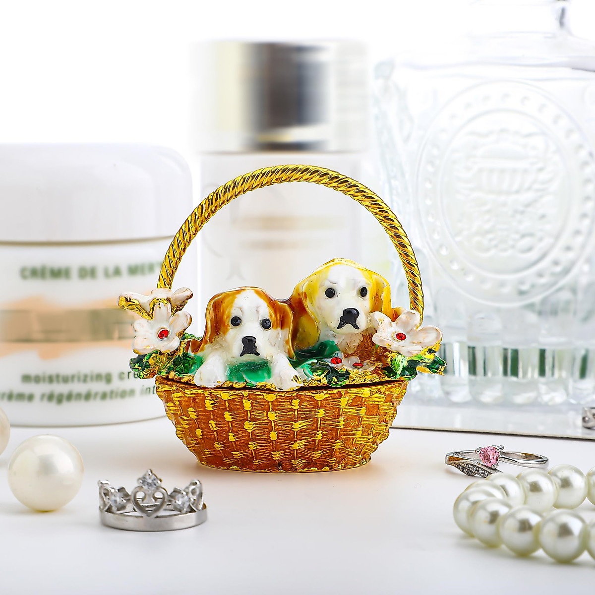 YU FENG Puppy Flower Basket Trinket Boxes Hinged Rhinestones Jeweled Painted Enameled Collectible Dog Animal Figurine Jewelry Holder Box