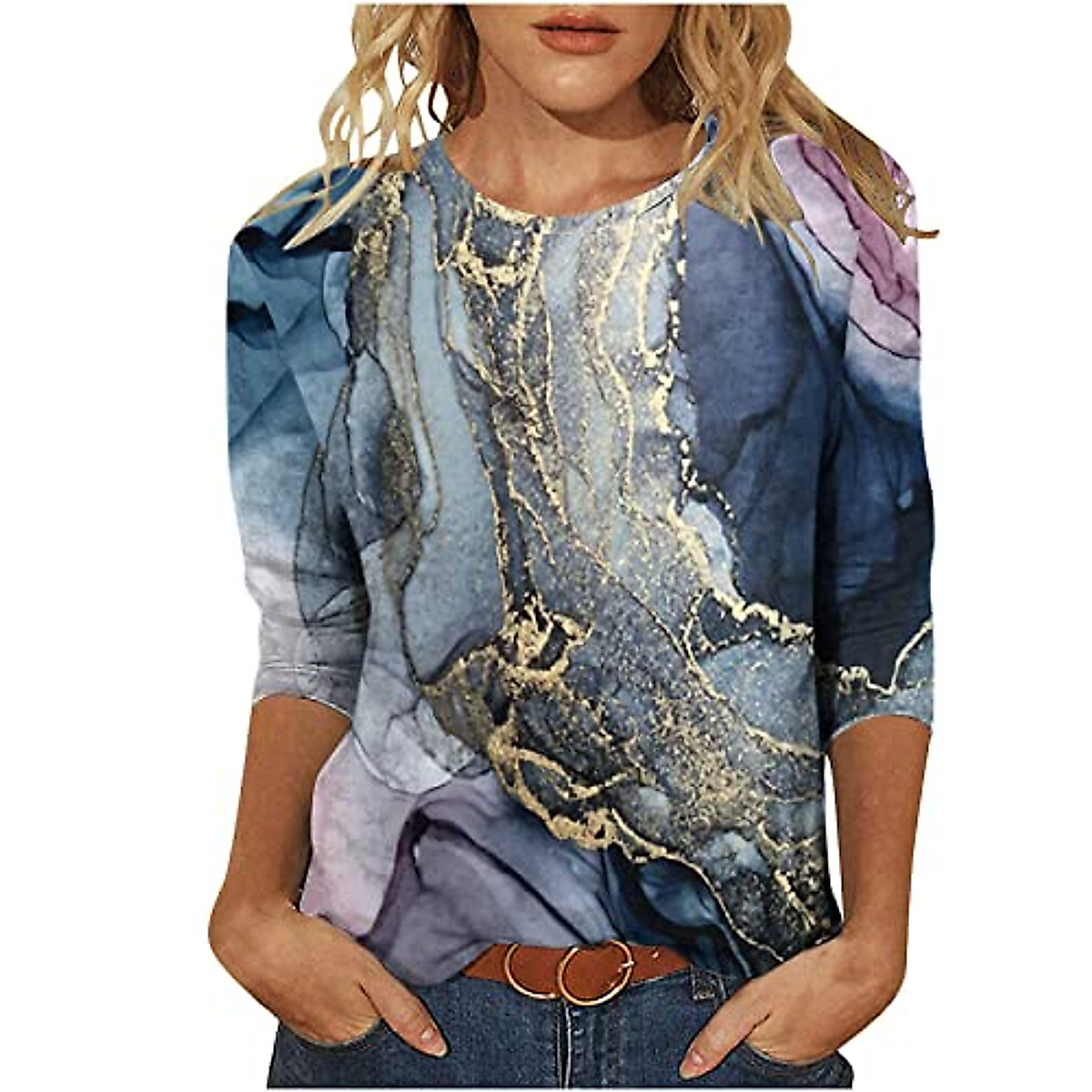 Dress Shirts for Women Cute 3/4 Sleeve t-Shirt Shirts Casual Summer 2023 Trendy Basic Tee Tops Marble Print Graphic Blouse