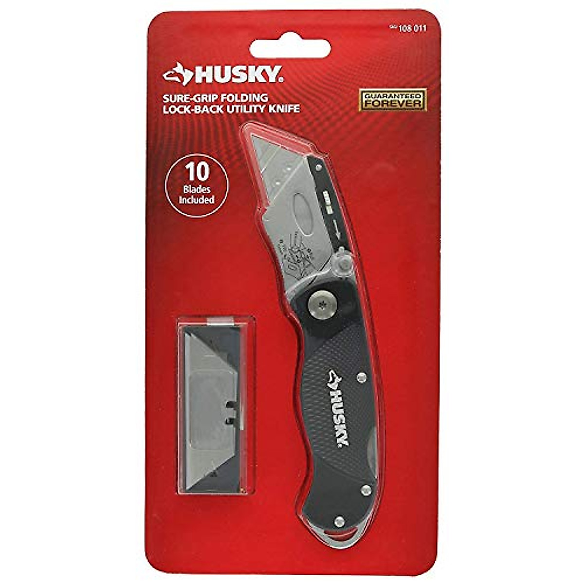 Husky 21113 Folding Sure-Grip Lock Back Utility Knife w/ 10 Disposable Blades Included (Colors Vary)