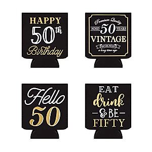 12-Pack 50 and Fabulous Birthday Decorations and Supplies for Women and Men, Black and Gold Insulated Neoprene Can Cooler Sleeve Party Favor for 12 oz Soda, Beer, Beverages (2.5x4 in)