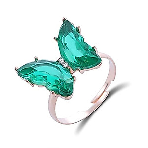 Statement Rings Trendy Gifts Fashion Colored Crystal Glass Butterfly Ring Birthday for Mother (Color : Green, Size : Adjustable)