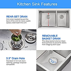 ROVOGO 33x19x9 in. Undermount 60/40 Double Bowl Kitchen Sink, Stainless Steel Sink Deep Handmade 2 Offset Basin with Basket Strainer, Brushed
