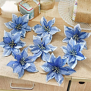 Christmas Glitter Flower Ornaments,Jchen 20Pcs Glitter Christmas Tree Ornaments Artificial Christmas Flowers Christmas Tree Decoration Flower for Home Party Wedding Decorations (Blue)