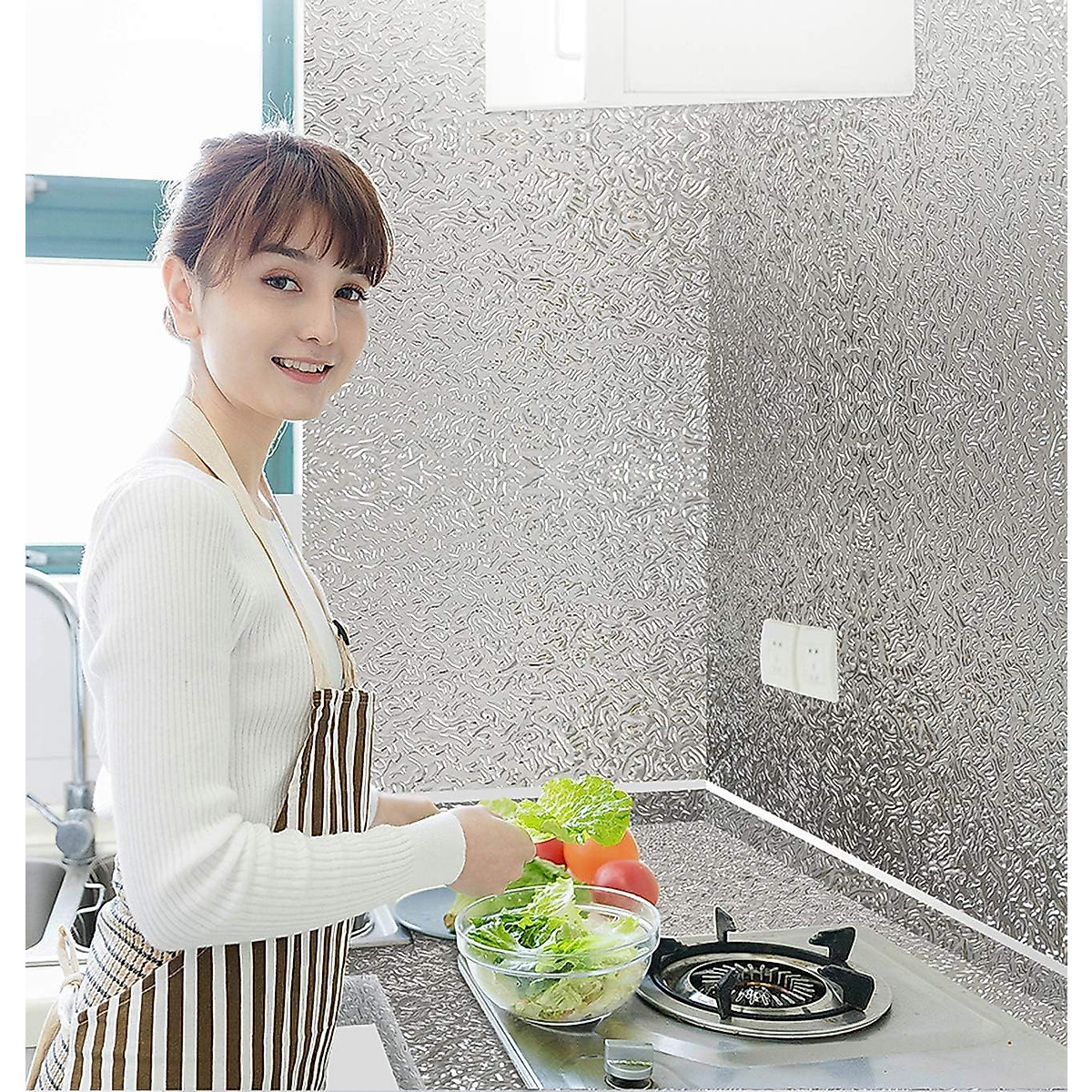 Feisoon Silver Contact Paper Kitchen Backsplash Water/Oil Proof Wallpaper Metallic Peel and Stick Wallpaper 16"X118" Self Adhesive Aluminum Foil Contact Paper for Kitchen Countertop Cabinet Drawer