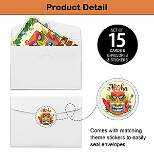 REWIDPARTY Aloha Luau Party Invitations with Envelopes & Stickers（Set of 15） Tiki Luau Shaped Fill-in Invitations Hawaiian Summer Party Invites Cards Tropical Hawaiian Beach Birthday Party Supplies