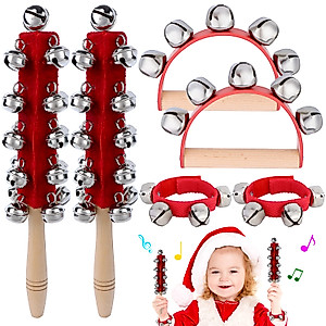 6 PCS Christmas Handle Jingle Bells Wooden Handheld Sleigh Bells Wrist Band Jingle Bells Tambourine Handbell Jingle Shaker Bells with Wooden Grip for Handheld Bells Music Enlightenment (3 Styles)