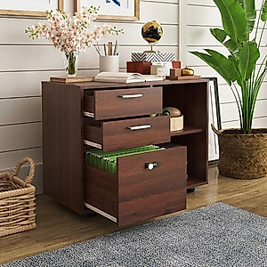 Wood File Cabinet with Coded Lock, File Cabinet for Home Office, Office Storage Cabinet with 3 Drawers and Open Storage Shelves, Filing Cabinet with Wheels, Brown Oak