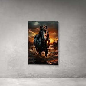 Majestic Black Stallion Galloping In The Clouds, Black Horse On Salt Flats, Canvas Print, Black Horse Print, Black Horse Wall Art, Canvas, Wall Decor