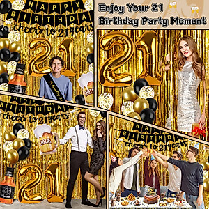21st Birthday Decorations for Him, Happy Birthday Decorations Black and Gold 21 Birthday Decorations with Happy Birthday Banner, Fringe Curtain, Confetti and Latex Balloons