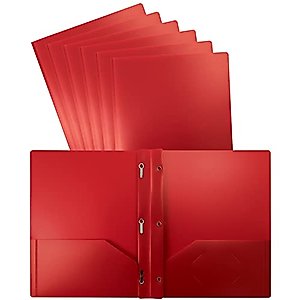 Better Office Products Red Plastic 2 Pocket Folders with Prongs, Heavyweight, Letter Size Poly Folders, 24 Pack, with 3 Metal Prongs Fastener Clips, Red