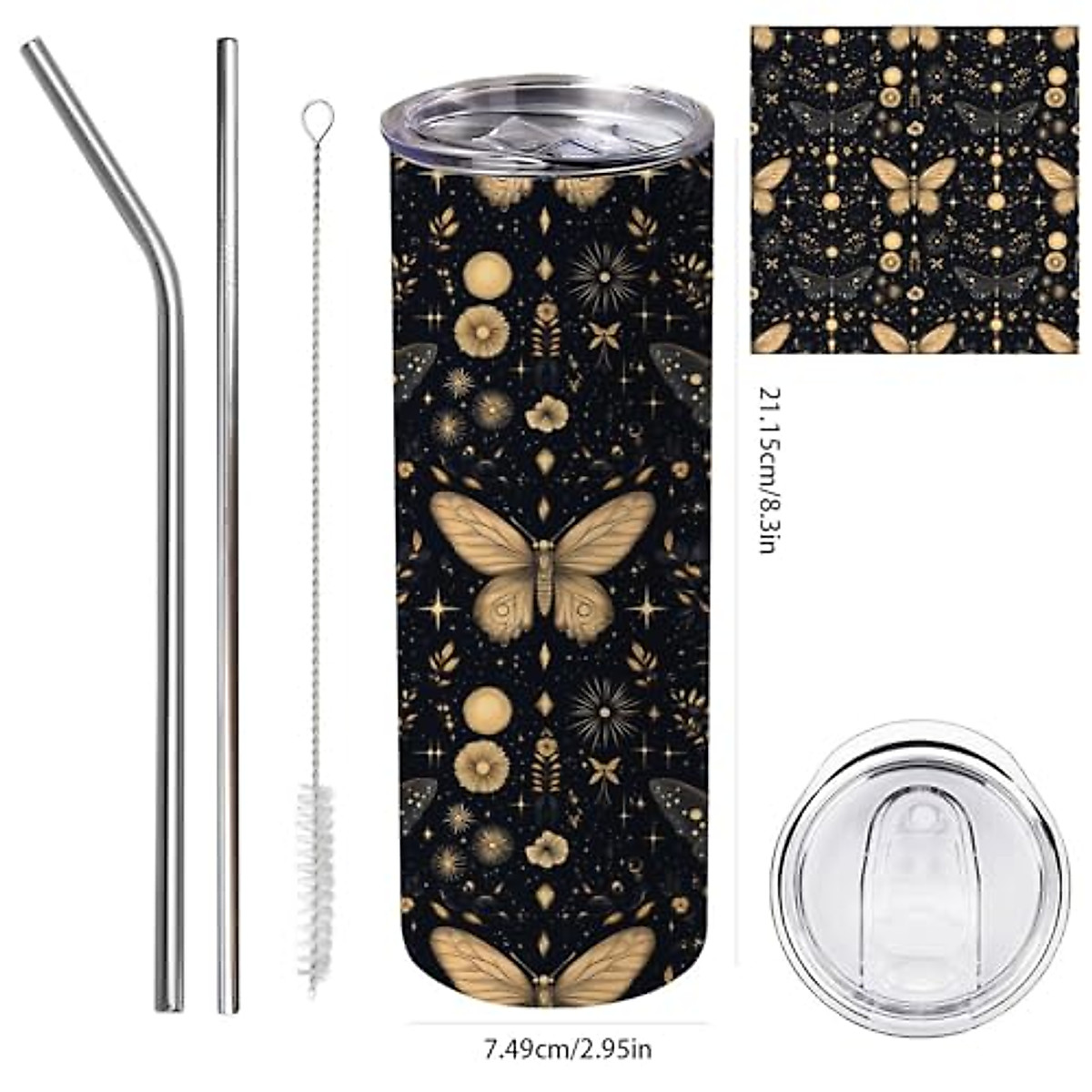 Medpol Black Gothic Butterfly tumbler with lid and straw 20 oz insulated tumbler cups Black Gothic Butterfly insulated travel coffee mugs for women cute sippy cups stainless insulated travel cups