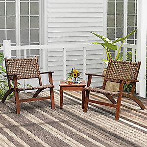 RELAX4LIFE 3-Pieces Porch Bistro Set - Outdoor Eucalyptus Wood Patio Furniture Set with Coffee Table, Outside Rattan Chairs for Poolside, Balcony, Garden, Deck, Hand-Woven PE Wicker Conversation Set