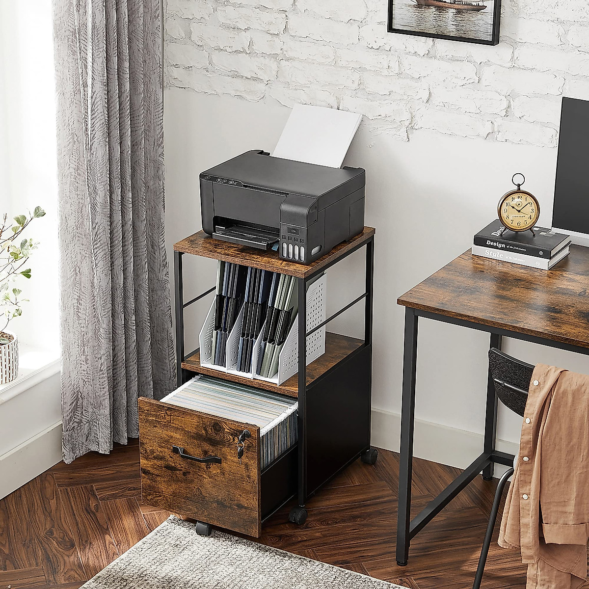 VASAGLE Filing Cabinet for Home Office, Printer Cabinet, Rolling File Cabinet with Drawer and Lock, for Suspended Folder, A4 and Letter Sized Documents, Industrial, Rustic Brown and Black UOFC044B01