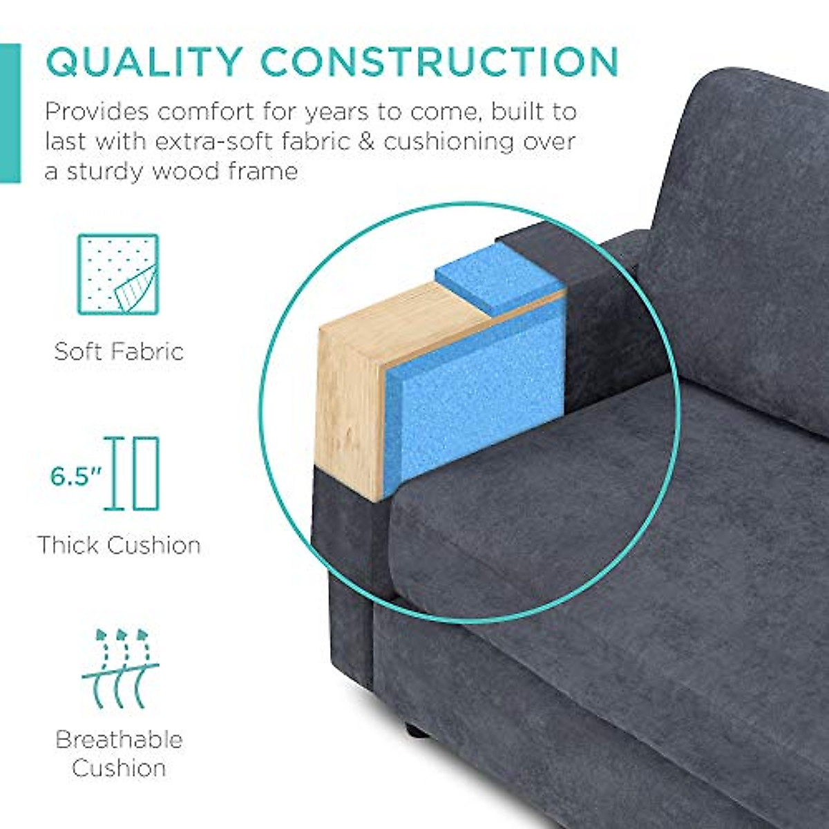 Best Choice Products Linen Sectional Sofa for Home, Apartment, Dorm, Bonus Room, Compact Spaces w/Chaise Lounge, 3-Seat, L-Shape Design, Reversible Ottoman Bench, 680lb Capacity - Blue/Gray