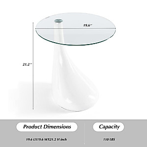 COSVALVE 21" Tall Contemporary Round Glass Coffee Table, Tempered Glass End Table for Living Room, Bed Side Table, Sofa Side Table, for Bedroom Office Meeting Room, White
