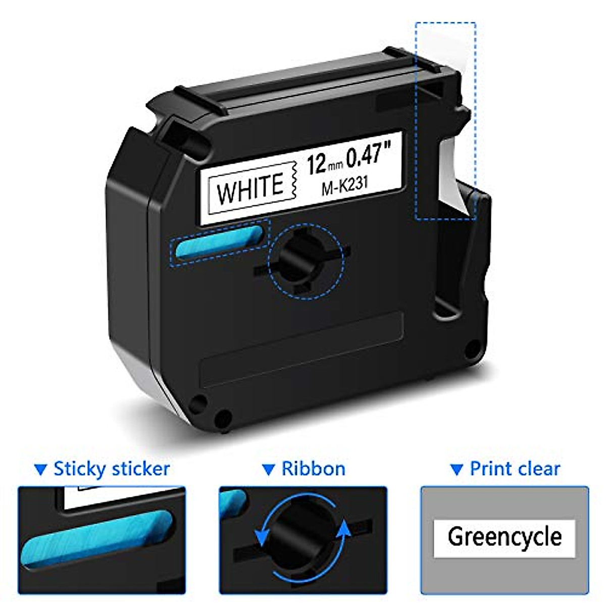 GREENCYCLE Compatible for Brother M231 M-K231 MK231 M-231 Standard Label Tape 1/2" x 26.2ft (12mm x 8m) for PT-45M PT-90 PT-70BM PT-70 PT-M95 PT-65 PT-85 Labeling Maker (Black on White,2 Pack)