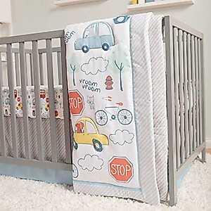 Sammy & Lou Beep Beep 4-Piece Baby Nursery Crib Bedding Set, Includes Quilt, Fitted Crib Sheet, Crib Skirt, and Plush Toy