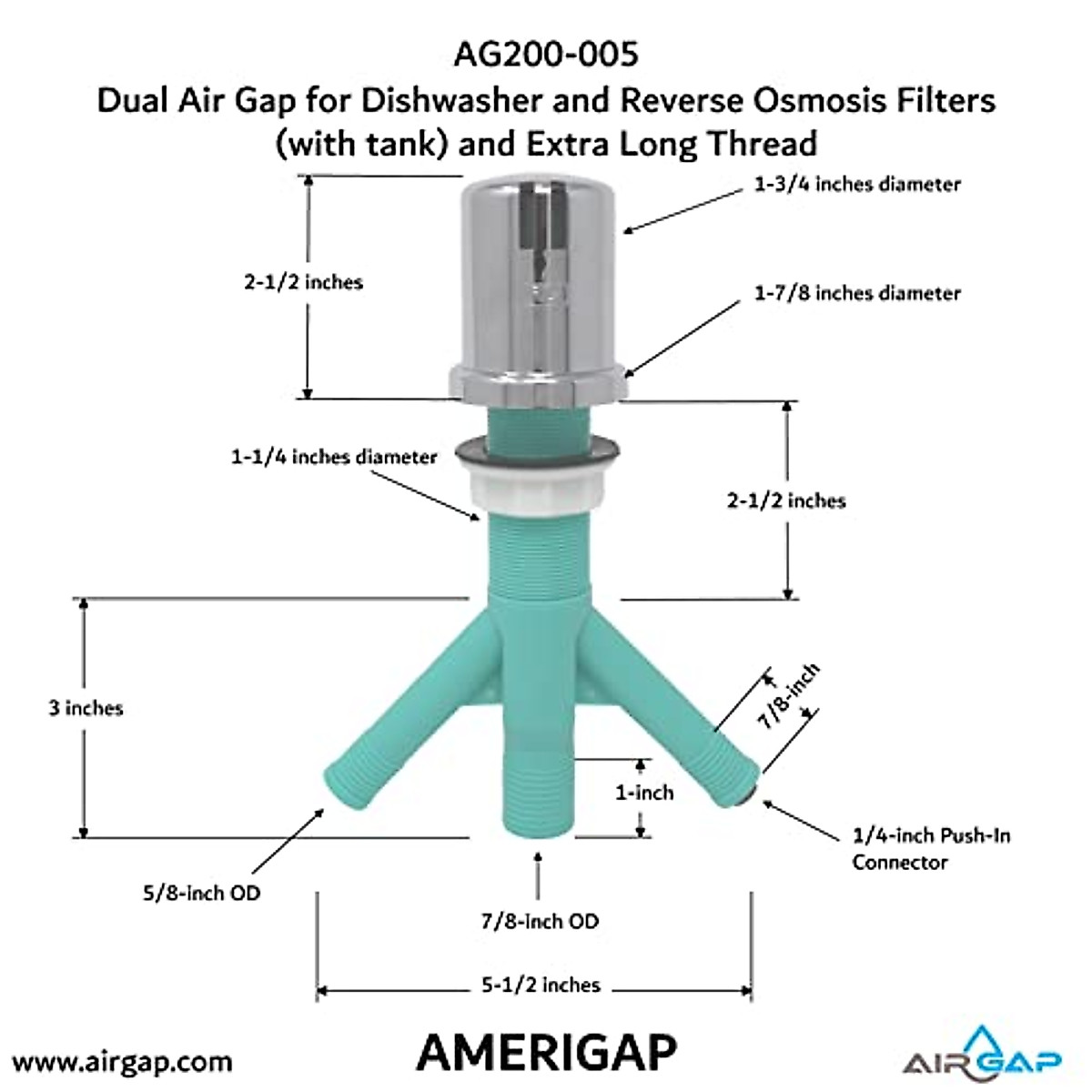 Dual Air Gap for Dishwasher and Reverse Osmosis Filters (with tank) and Extra Long Thread (AG200-005, AG200-002, T52 RO KIT, AMERIGAP)