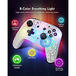 BlNBOK Switch Controller, Wireless Switch Pro Controller for Switch/Switch Lite/Switch OLED, 8 Colors Adjustable LED Wireless Remote Gamepad with Unique Crack/Turbo/Motion Control (White)