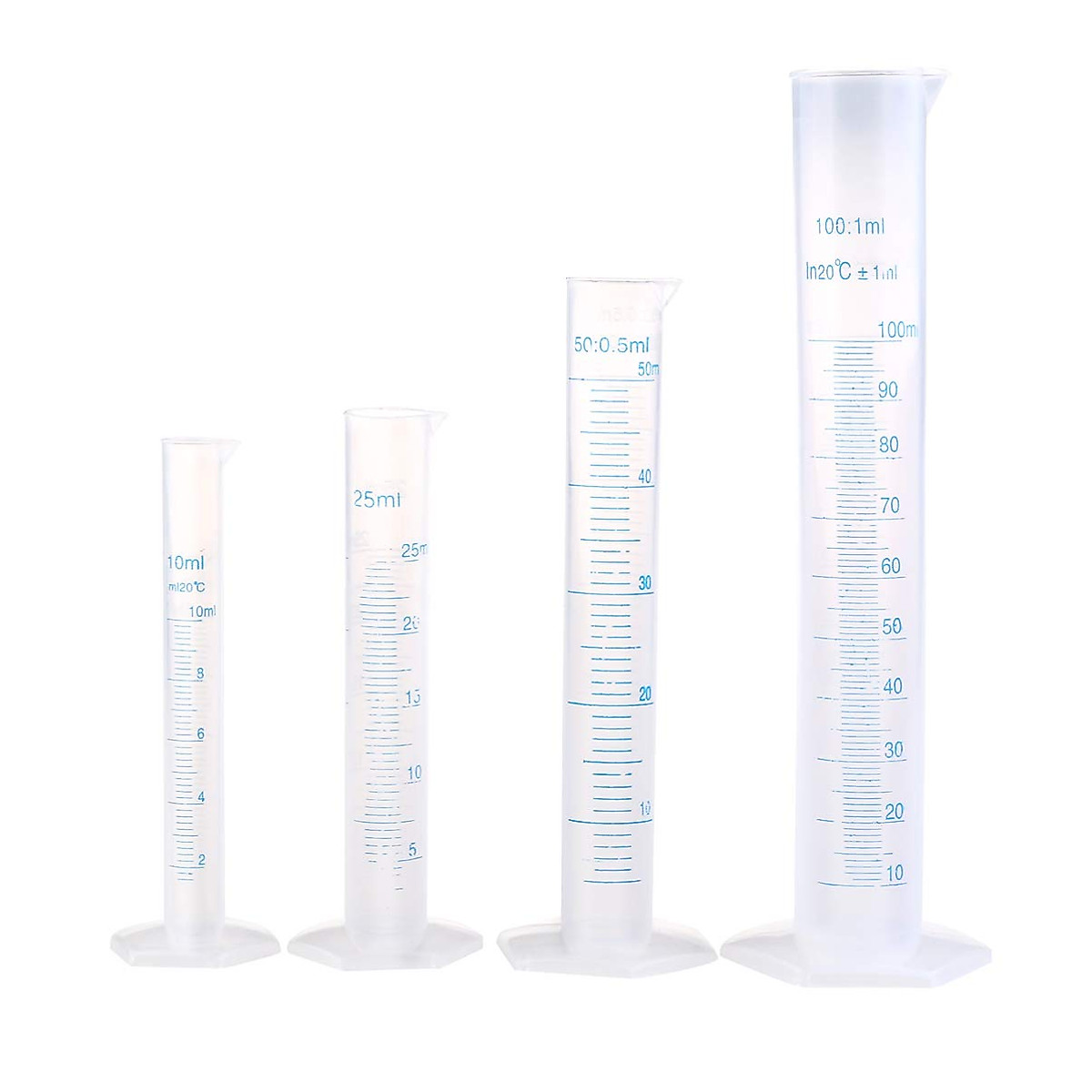 HEALLILY 4Pcs Measuring Cylinder Beaker Plastic Graduated Cylinder Test Tube Industrial Quality 10ml/ 25ml/ 50ml/ 100ml with Pour Spout