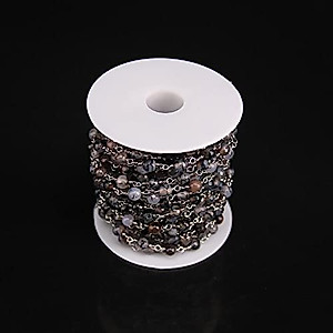 6mm Natural Vein Agates Faceted Round Bead Chain,Black Grey Onyx Gems Link Silver Wire Wrapped Rosary Chains Necklace Carfts