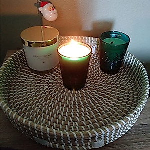 Natural Seagrass Woven Basket Round Serving Tray with Handles Coffee Table Tray Hand Woven Storage Basket for Fruit, Tea, Bread, Breakfast, Drinks, Snack Woven Tray (White Round Tray)