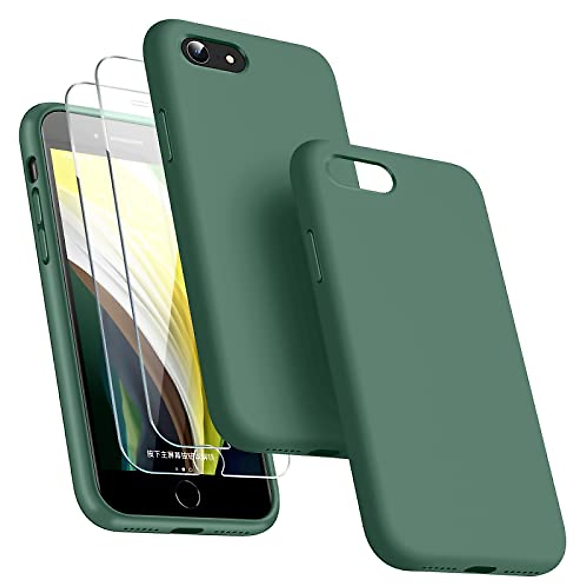 Dssairo [3 in 1 for iPhone SE case 2022/3rd/2020/2nd gen, iPhone 7/8 case，with 2 Pack Screen Protector, Liquid Silicone Ultra Slim Shockproof Protective Phone Case [Microfiber Lining] (Alpine Green)