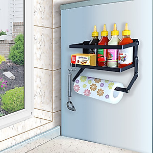 Foldable Magnetic Paper Towel Holder Refrigerator Storage Spice Rack with 3 Mobile Hooks and Paper Towel Holder(Single Layer /Black) Strong Magnetic Shelf for Refrigerator