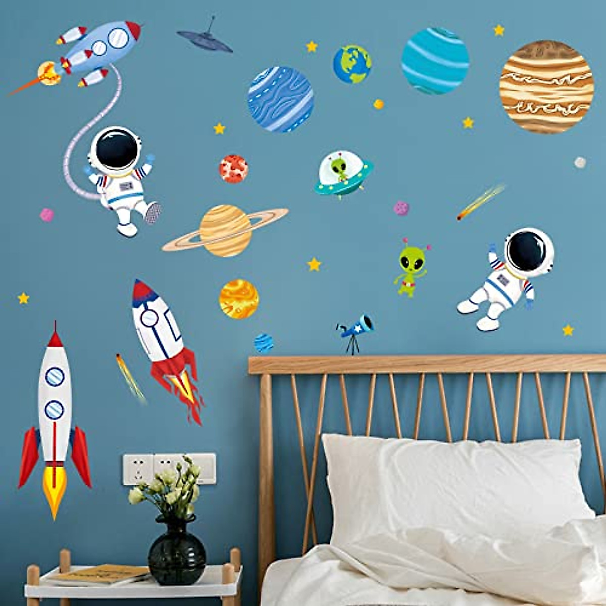 decalmile Outer Space Wall Decals Rocket Planets Astronaut Wall Stickers Baby Nursery Boys Bedroom Playroom Wall Decor