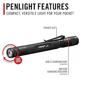 COAST HP3R 500 Lumen Rechargeable LED Penlight with TWIST FOCUS, Black