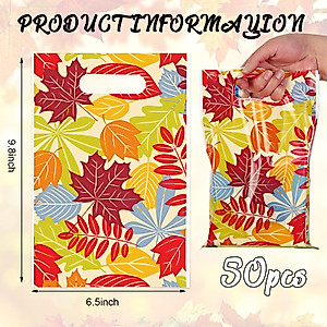 Whaline 50Pcs Fall Party Favor Bags Plastic Treat Bags with Handles Maple Leaves Decorative Goodie Candy Bags for Autumn Thanksgiving Party Gift Wrapping Supplies