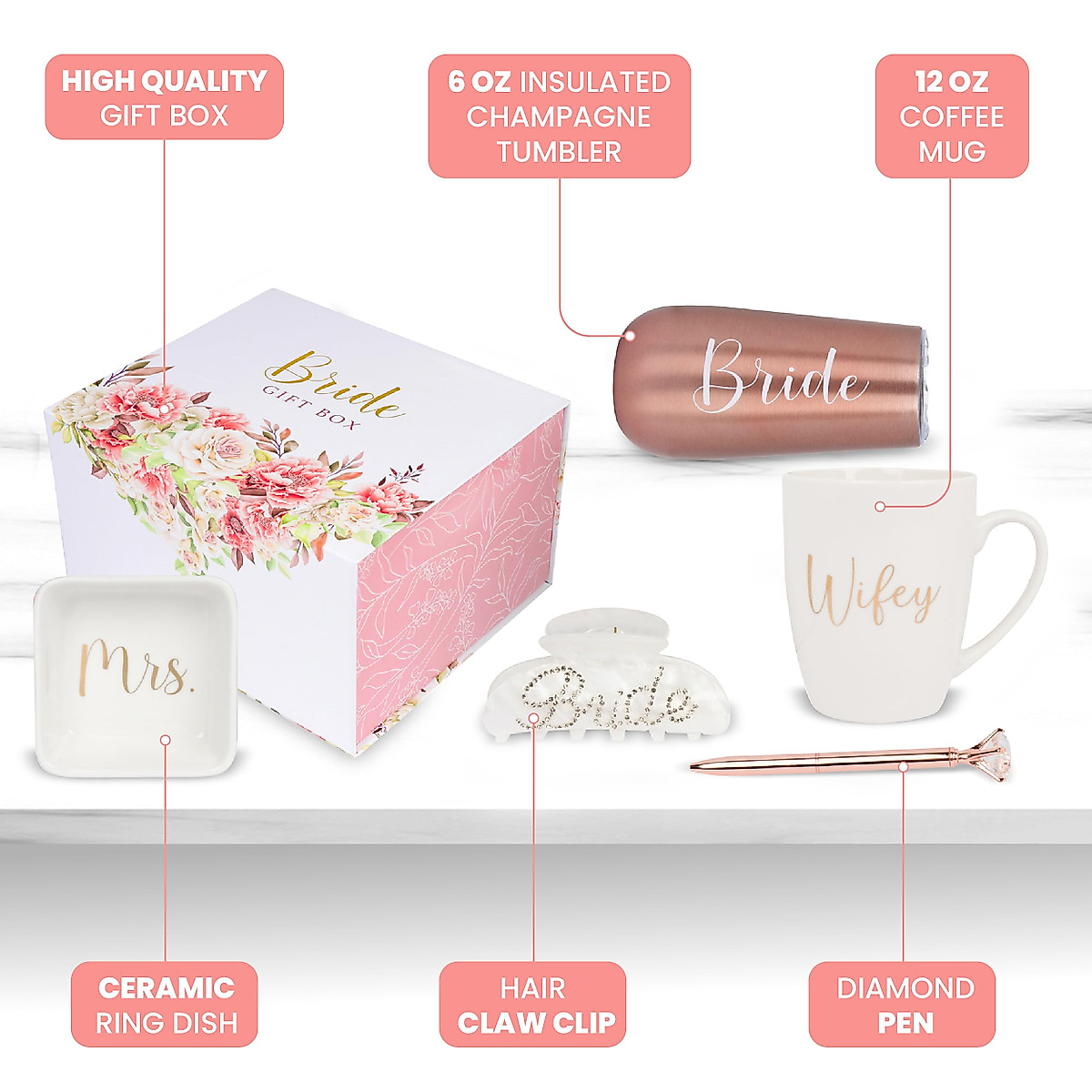 Bride Gift Box - Bride to Be Gift Set for Bridal Shower, Engagement Party, Bachelorette Party, Wedding Shower, or Wedding - Includes Champagne Tumbler, Coffee Mug, Hair Clip, and More in Premium Box
