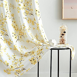 Melodieux Floral Curtains 84 Inches Long for Living Room, Farmhouse Yellow Apricot Flower Print White Decorative Grommet Drapes, 52x84 Inch, 2 Panels