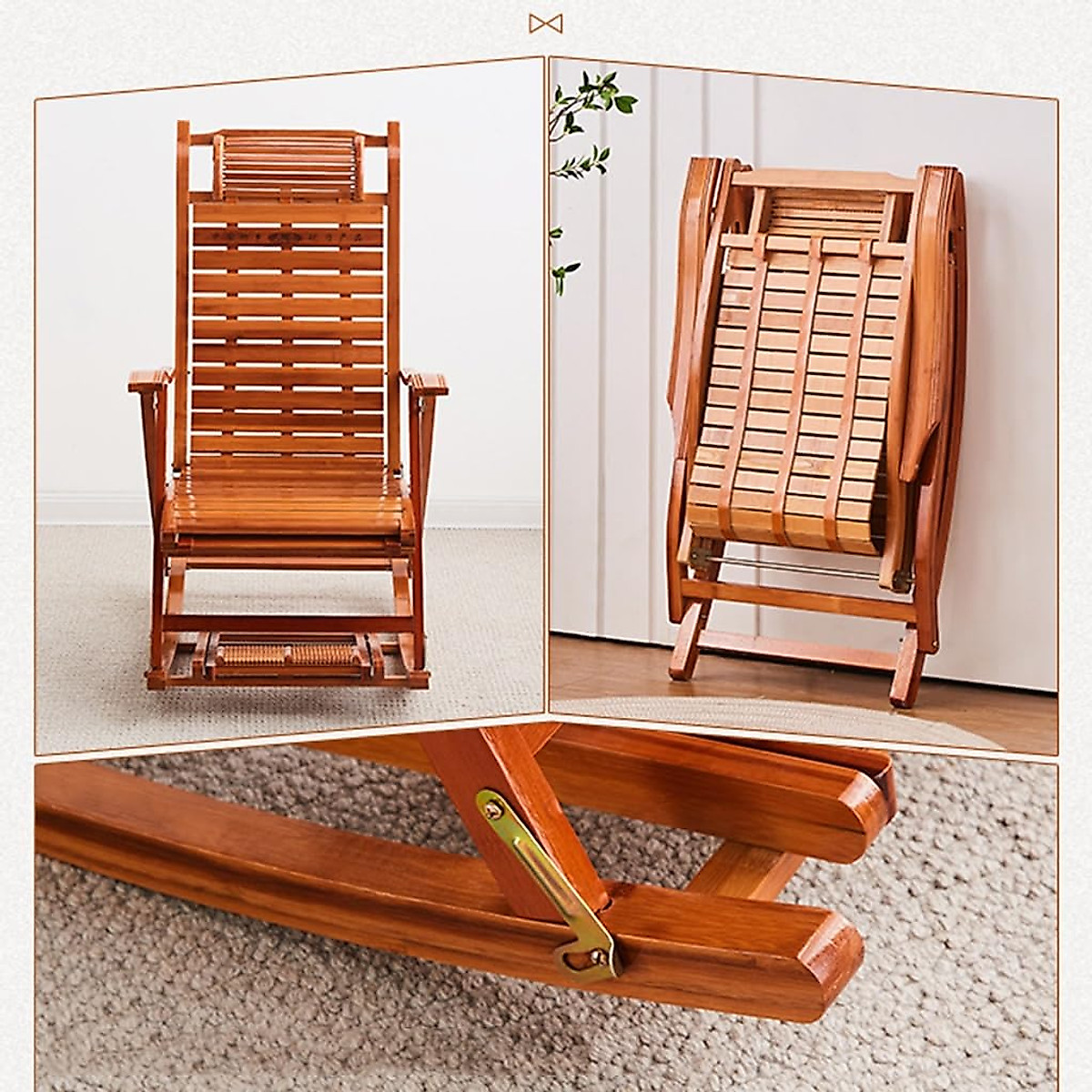 MOOTEK Folding Bamboo Rocking Chair, Old Man Lunch Break Solid Wood Lounge Chair, 5 Adjustable Back Chairs, with Armrest Foot Massage Pillow, Portable Outdoor Beach Terrace Chair