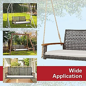 Tangkula 2-Person Outdoor Porch Swing with 118" Hanging Ropes, Patiojoy PE Wicker Patio Hanging Swing Bench with Soft Seat Cushion & 800 Lbs Weight Capacity, Suitable for Patio, Garden (Off White)