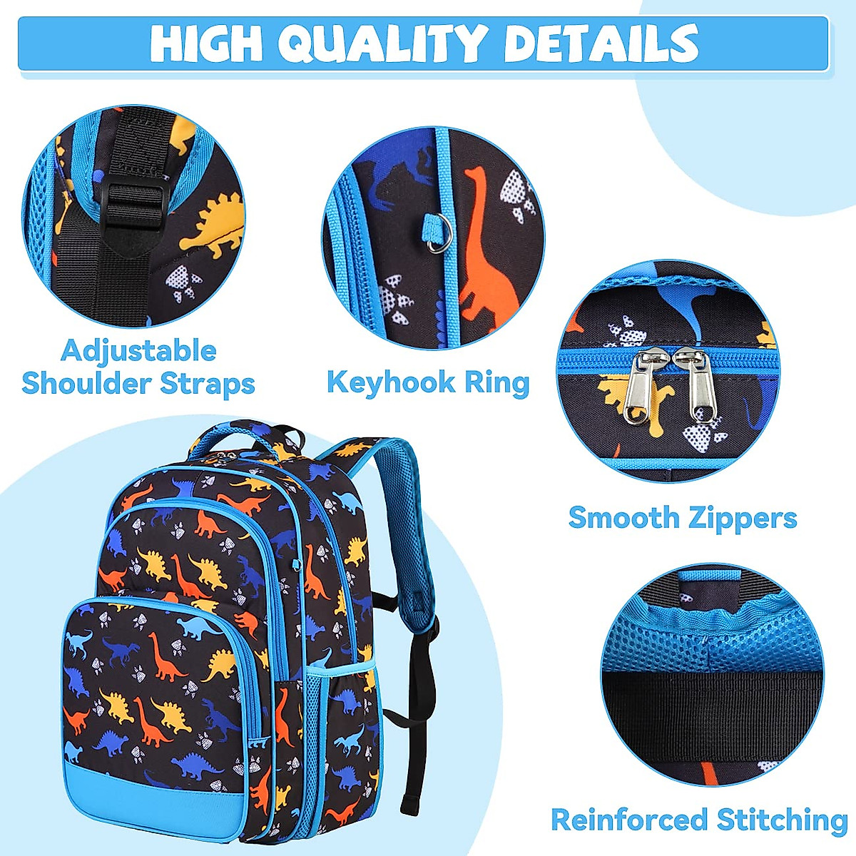 VASCHY School Backpack for Boys, 16in Water Resistant Backpack for Kids Preschool/Primary/Elementary School Bookbag with Tablet Sleeve Black Dino