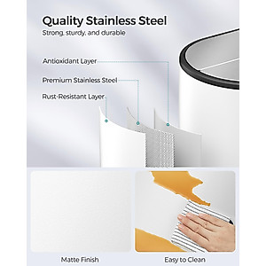 SONGMICS 13-Gallon Dual Kitchen Trash Can, 5.3 and 8 Gallon Compartments, Garbage Can with Wing Lids, Stainless Steel, Soft Close, Inner Buckets, Cloud White and Metallic Silver ULTB570W50