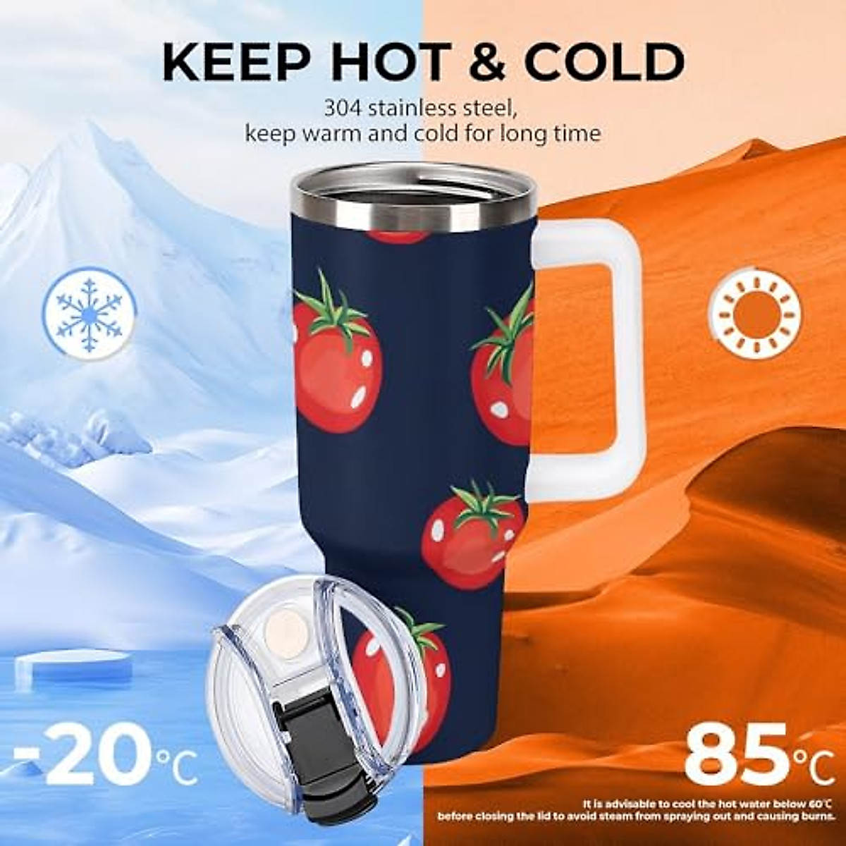 Tomato Pattern Insulated Tumblers with Handle Stainless Steel Coffee Mug Funny Travel Cup with Lid Straw 40oz